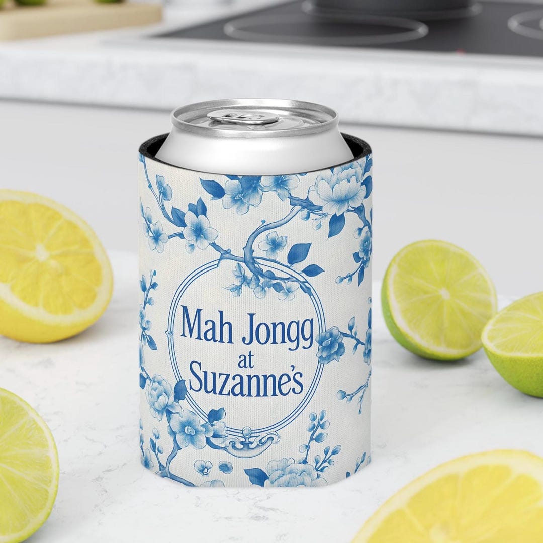 Mah Jongg Blue & White Can Cooler Sleeve, Neoprene Mahjong Drink Holder ...