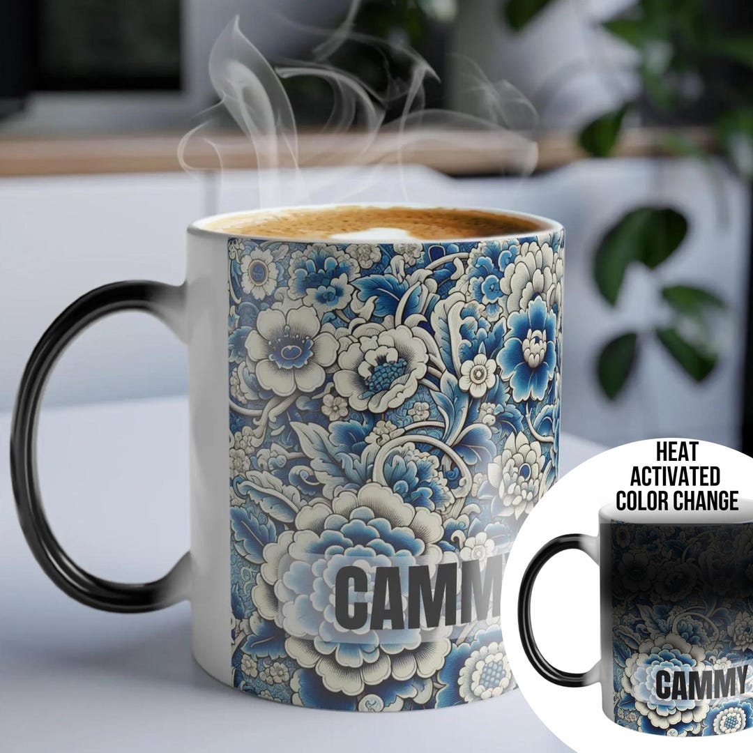Blue Floral Color Morphing Mug, Color Changing Flower Design Coffee Cup ...