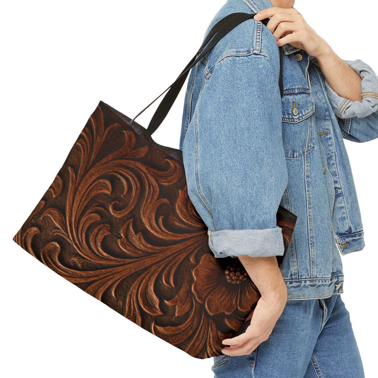 Tooled Leather-look Tote Bag, Texas Mahjong Pickleball or Books Carry ...