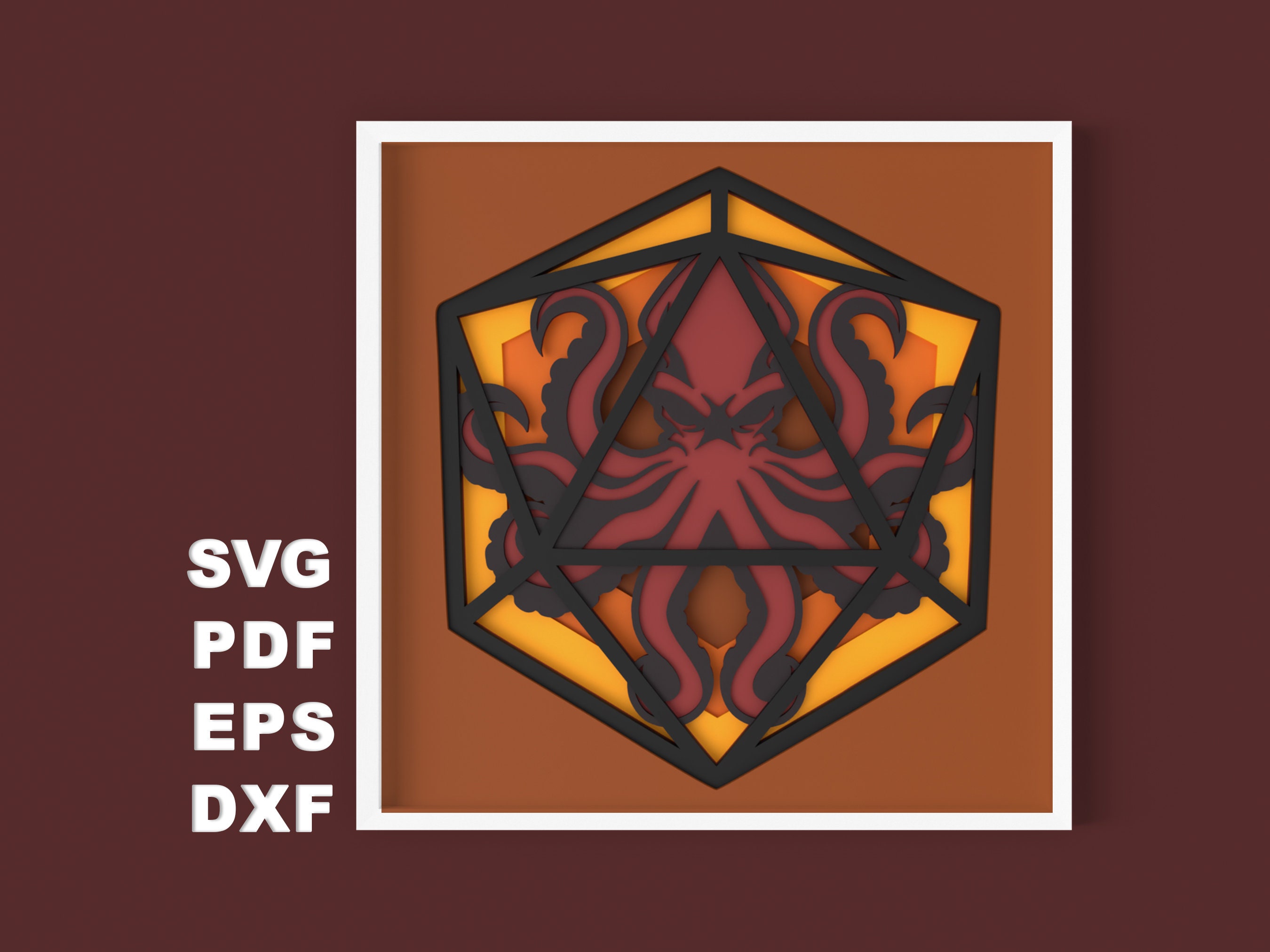 3D D20 Dice Octopus Shadow Box Layered SVG File for Paper Cutting, 3d ...