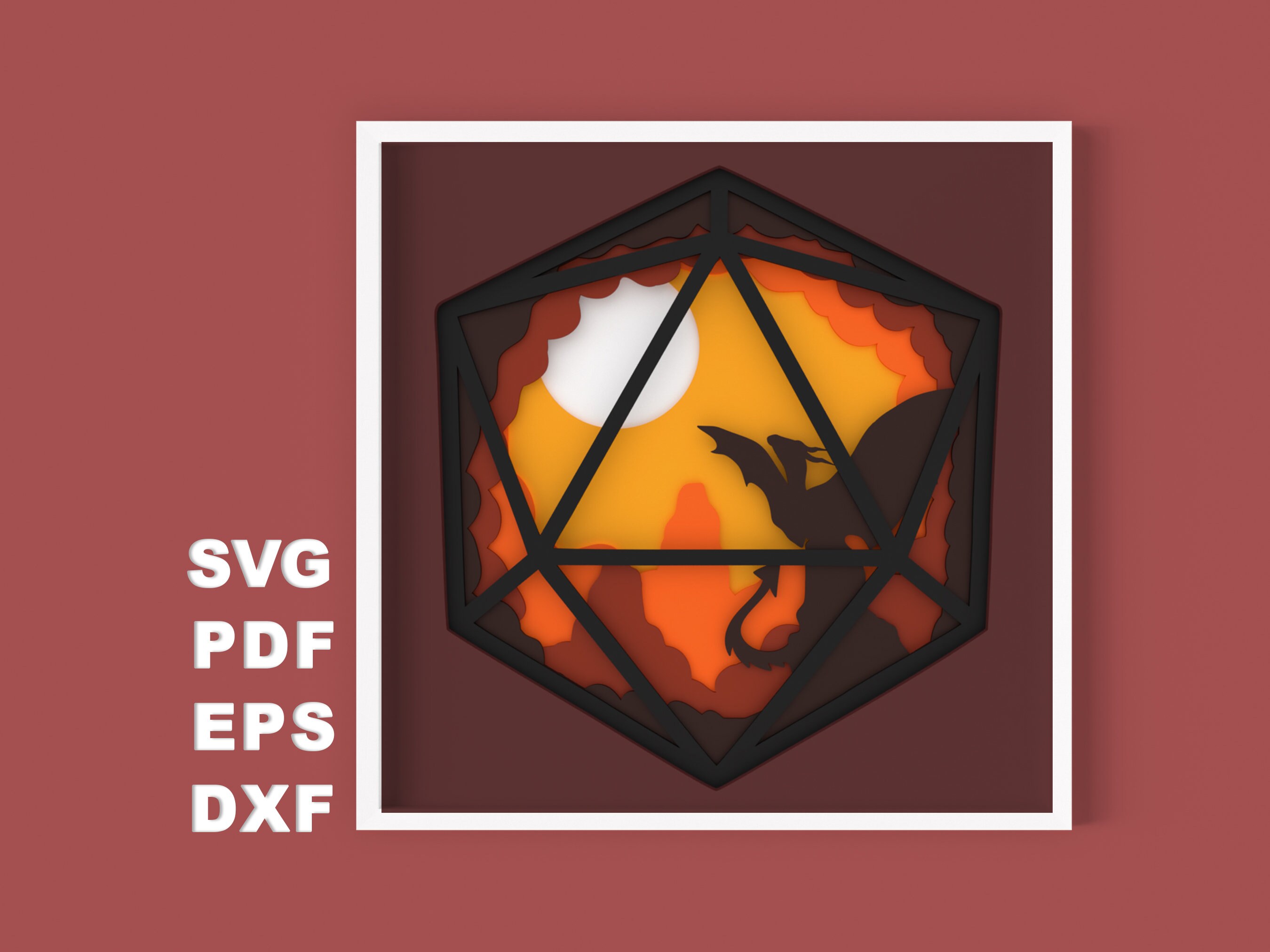3D D20 Dice Dragon Shadow Box Layered SVG File for Paper Cutting, 3d ...