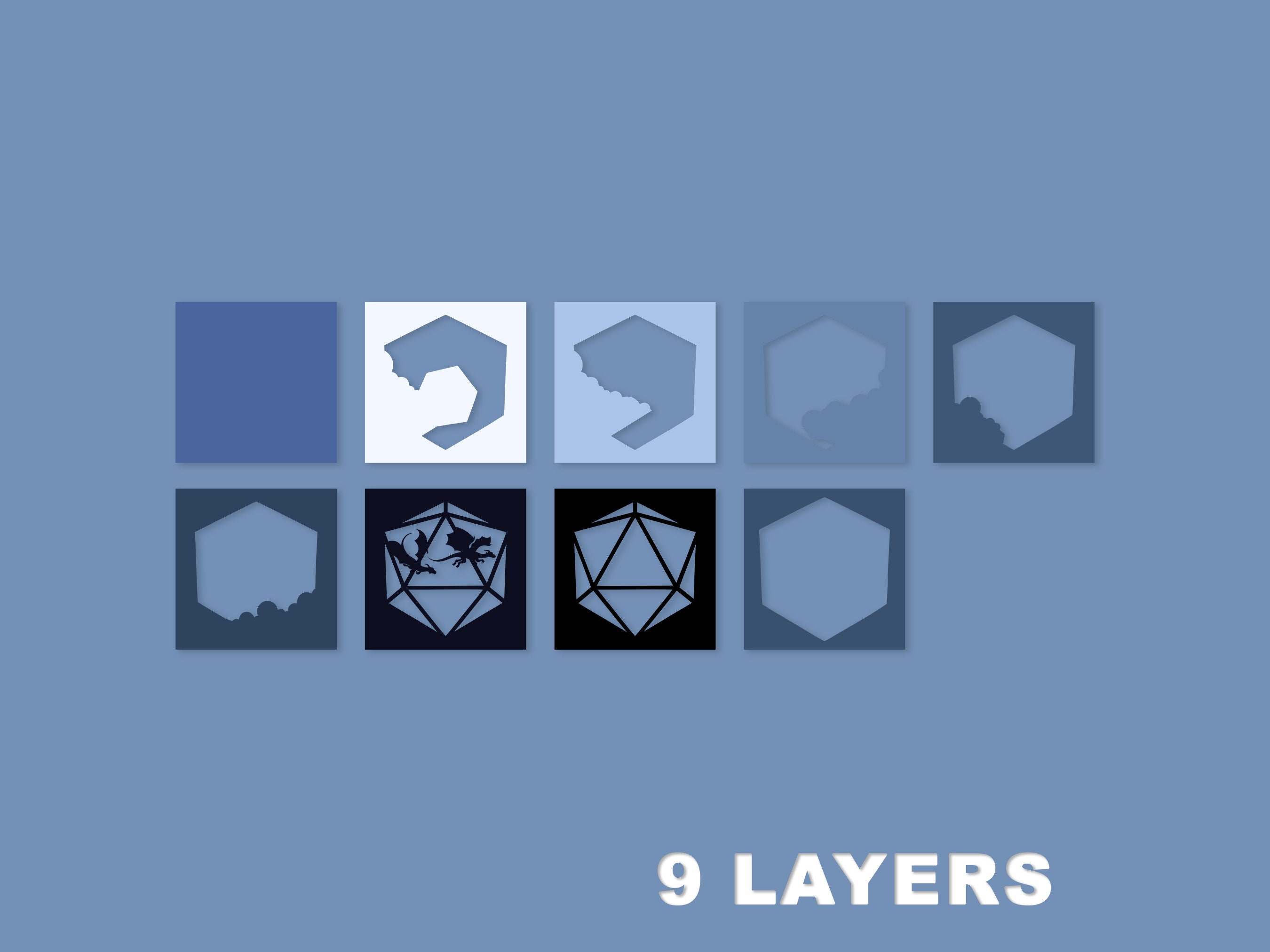 3D D20 Dice Dragons in Clouds Shadow Box Layered SVG File for Paper ...