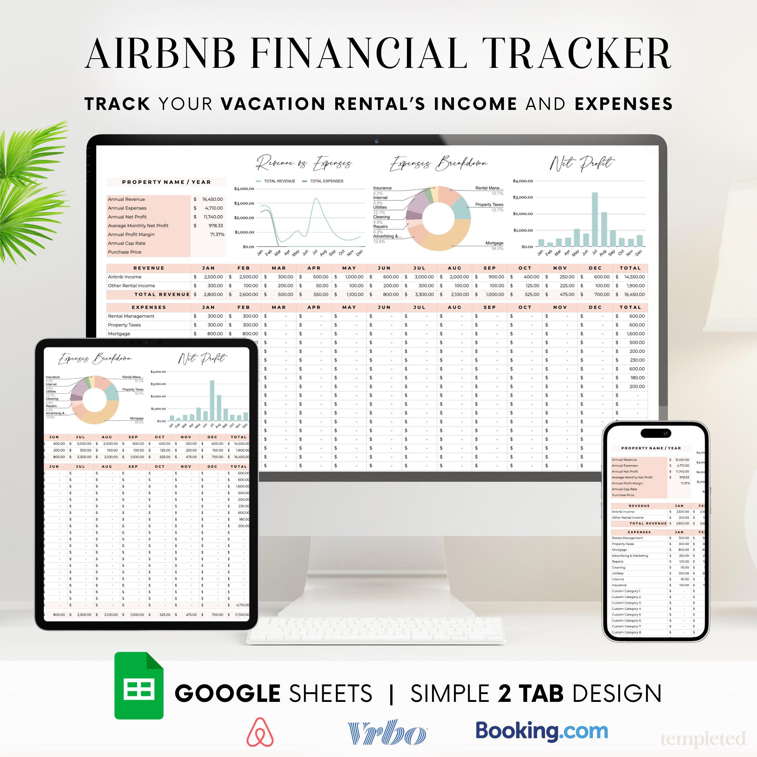 Airbnb Income and Expense Financial Tracker Spreadsheet, Rental ...