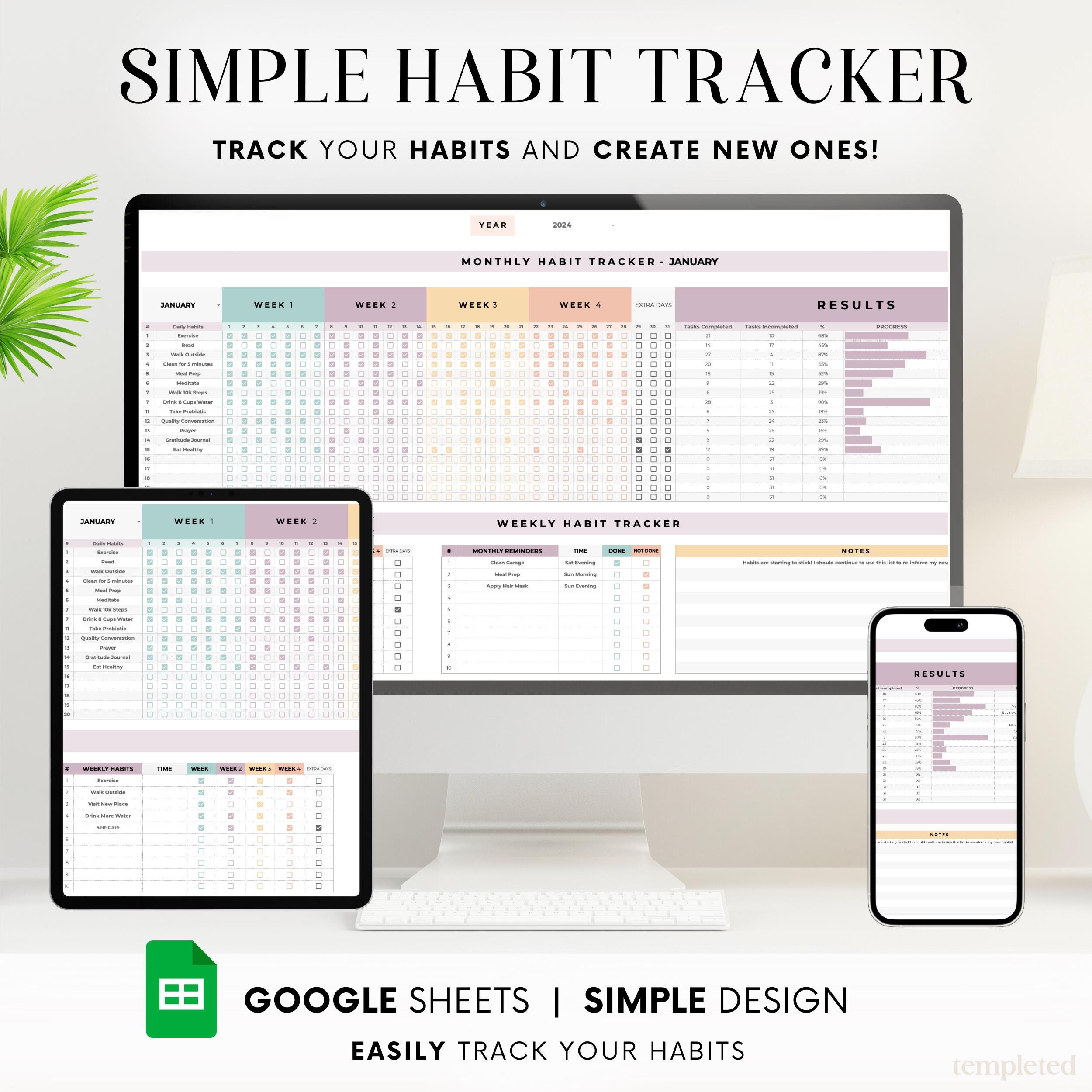 Simple Habit Tracker Spreadsheet for Google Sheets, Daily Habits ...