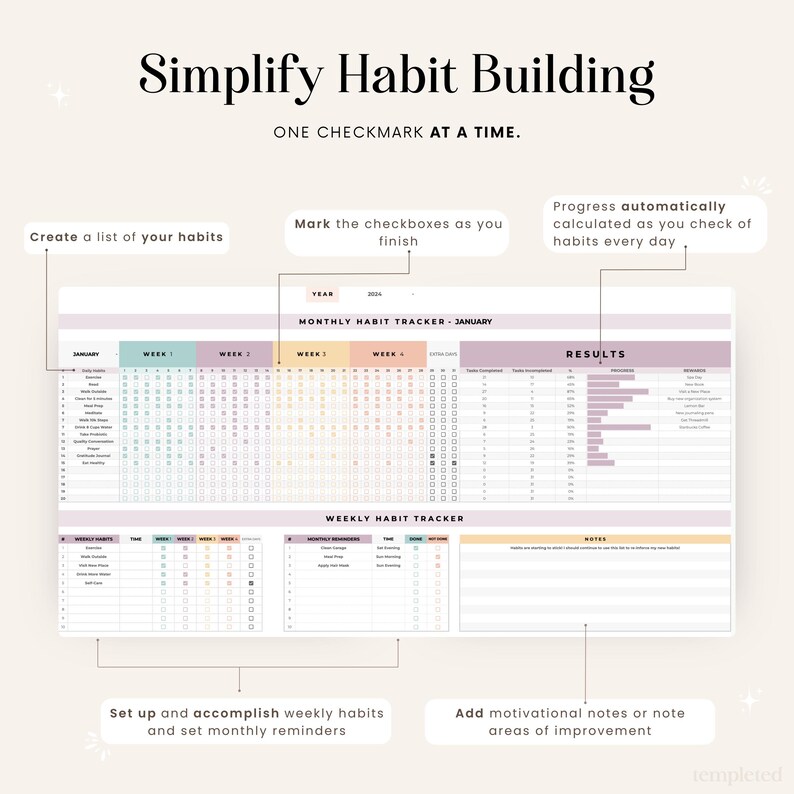 Simple Habit Tracker Spreadsheet for Google Sheets, Daily Habits ...