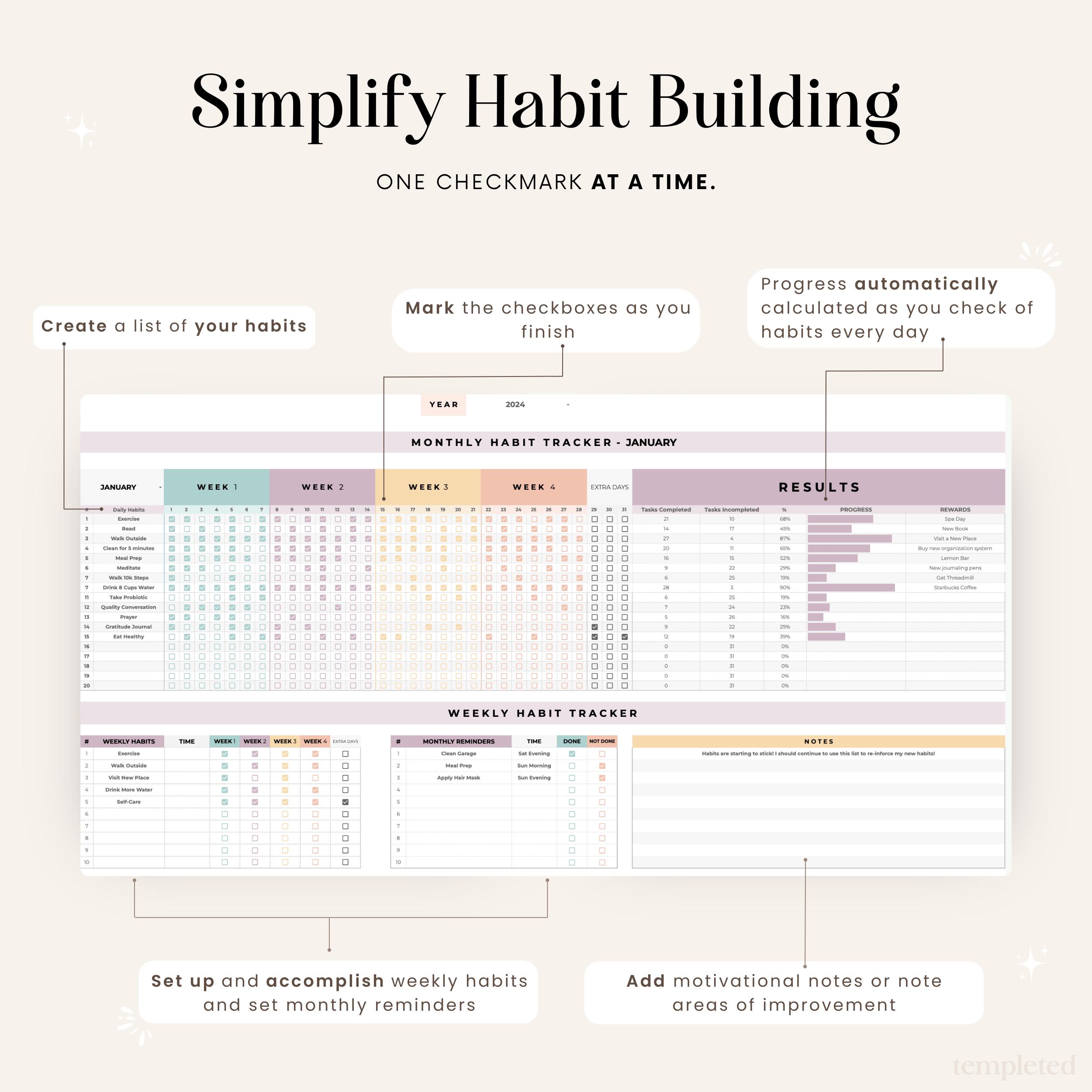 Simple Habit Tracker Spreadsheet for Google Sheets, Daily Habits ...