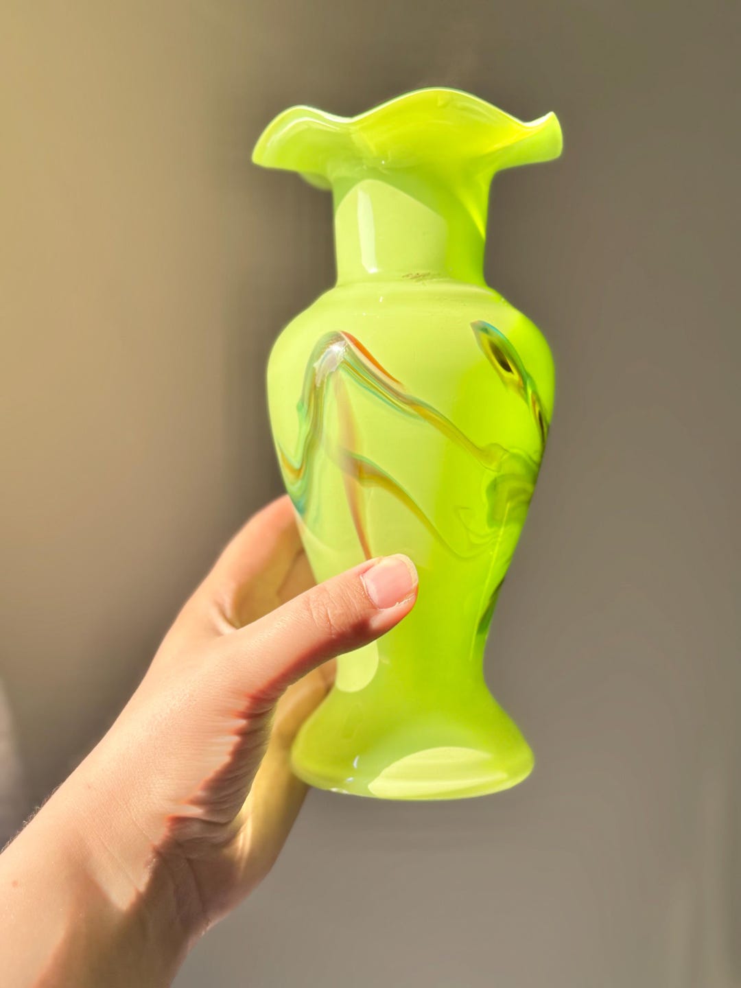 Vintage Dalian Glass Lime Green Opaline Glass Vase – Hand-blown Ruffled ...