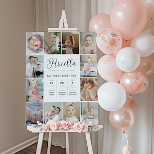 1st Birthday Party Sign, 12 Photo Milestone Welcome Display, Printed ...