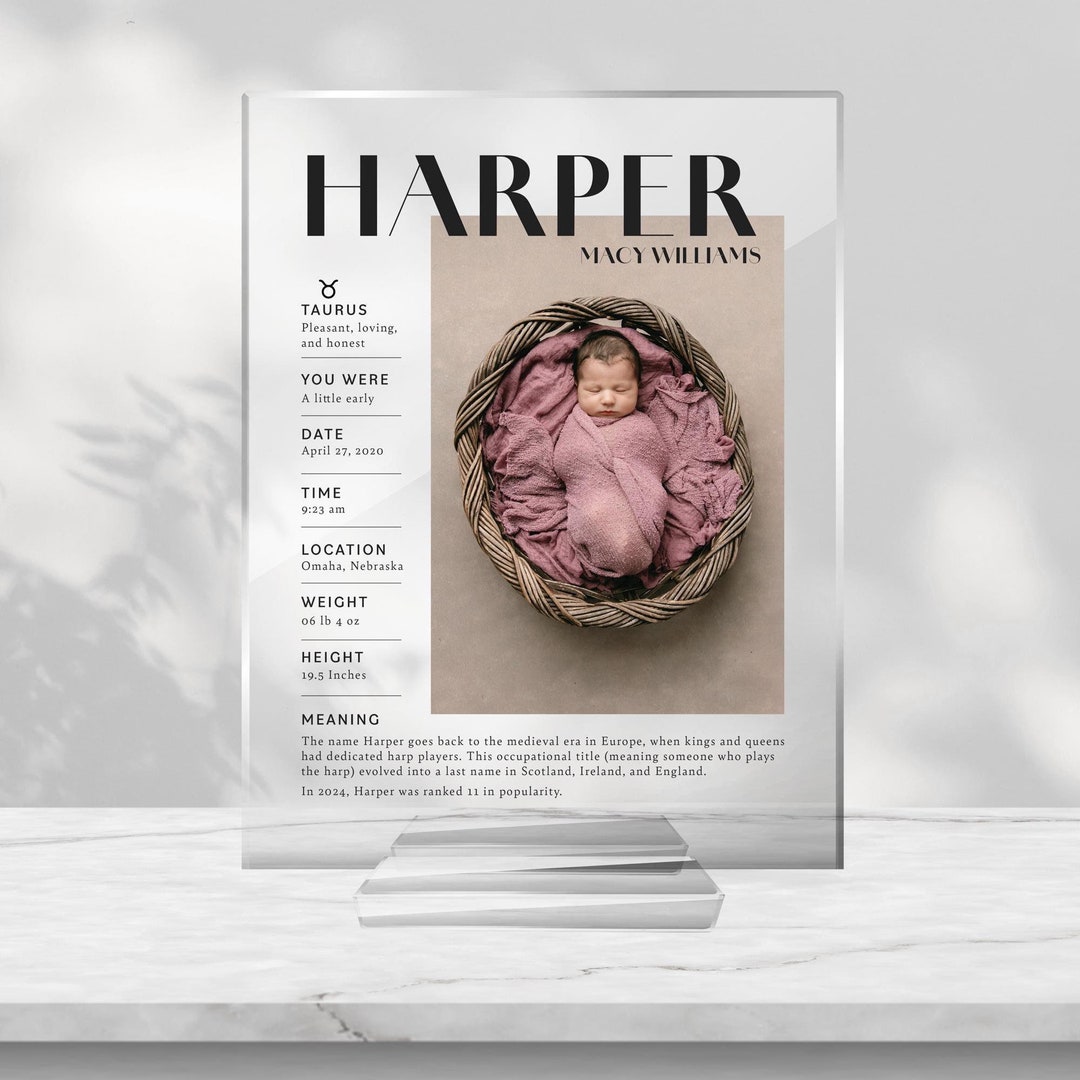 Acrylic Baby Birth Stats Display With Photo Modern Personalized Newborn ...