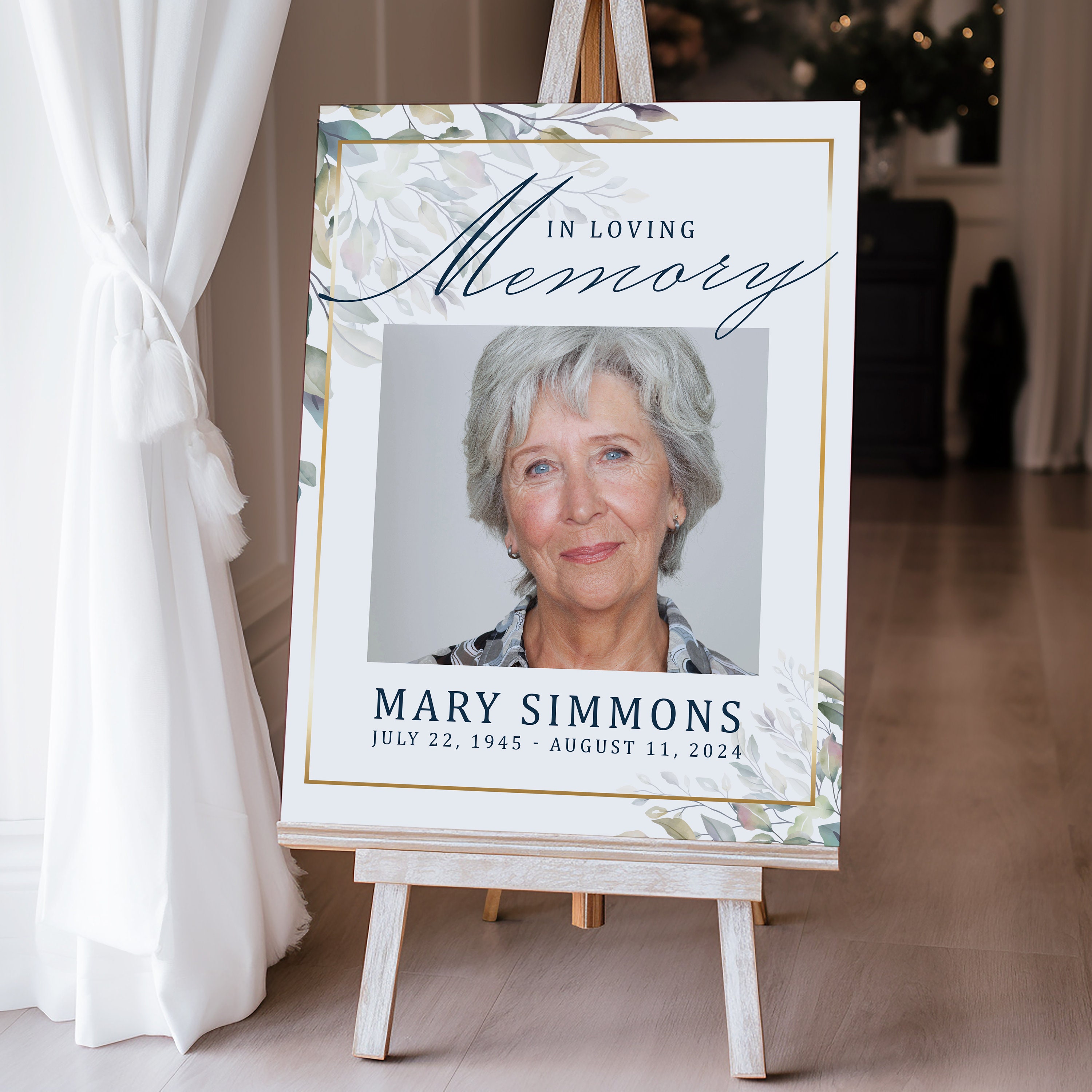Personalized Funeral Welcome Sign W/ Photo, Leaves and Gold Border ...