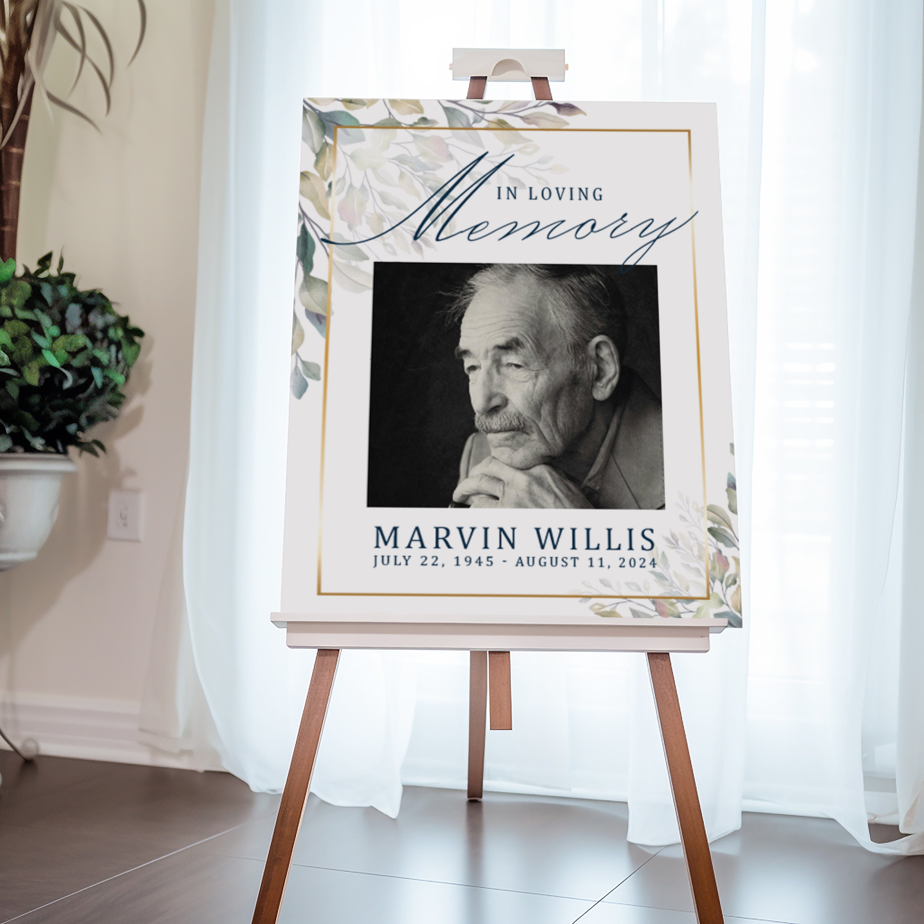 Personalized Funeral Welcome Sign W/ Photo, Leaves and Gold Border ...