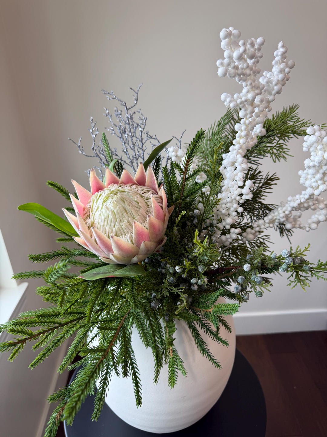 Christmas Queen Protea Centerpiece: Faux Pine, Cedar & Snowed Berry ...