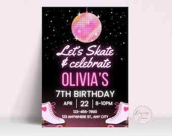 Roller Disco Party Birthday Invitation Editable Template Rainbow Glow ...