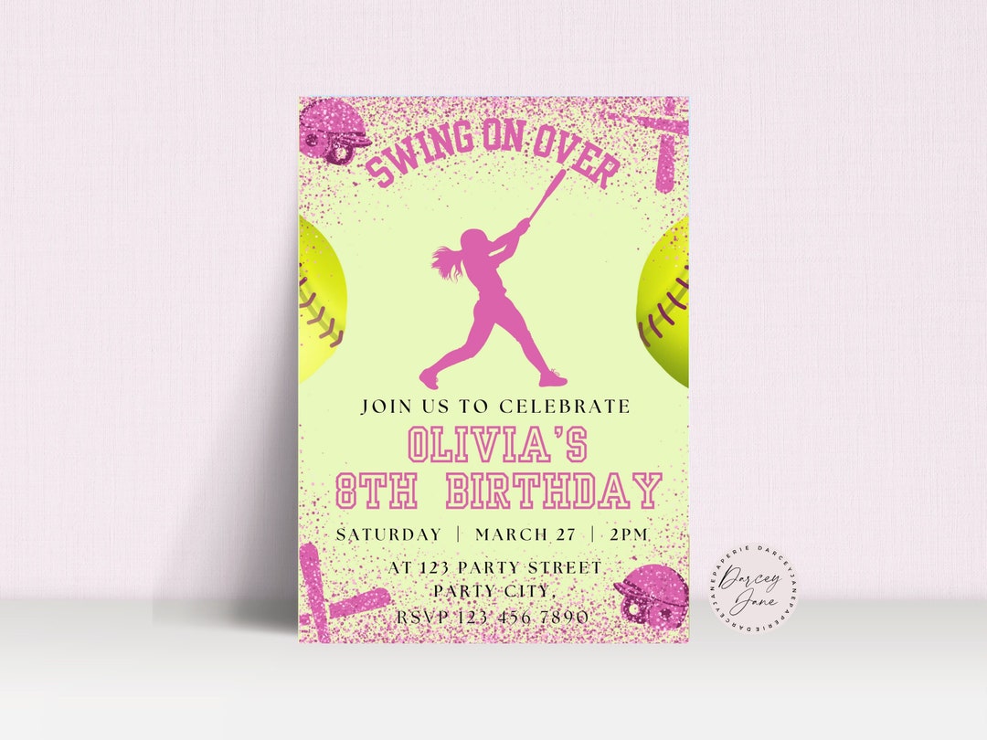 Editable Birthday Invite Softball, Softball Birthday Invitation ...