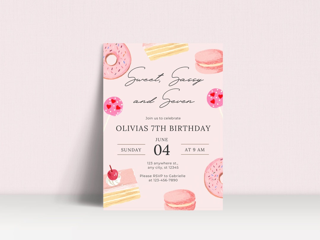 Sweet and Seven Birthday Invitation Girl, 7th Birthday Invitation ...