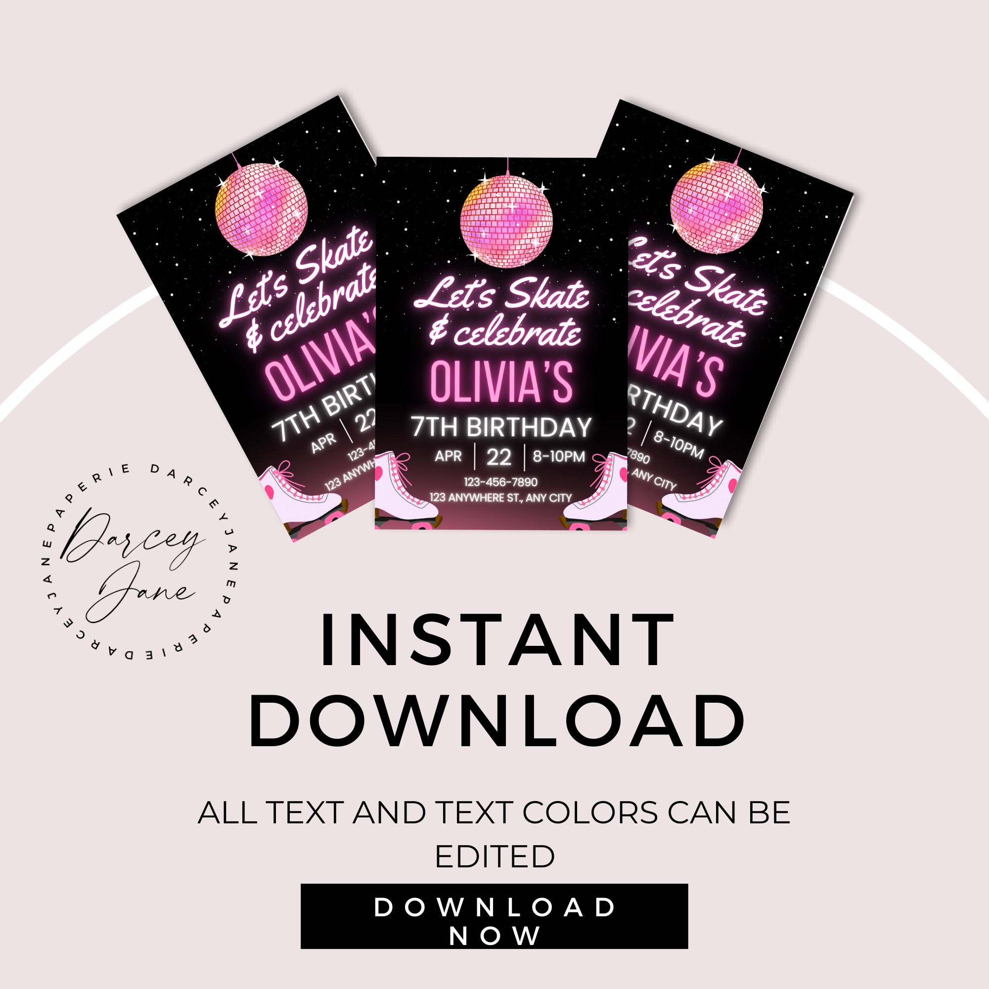 Roller Disco Party Birthday Invitation Editable Template , Rainbow Glow ...