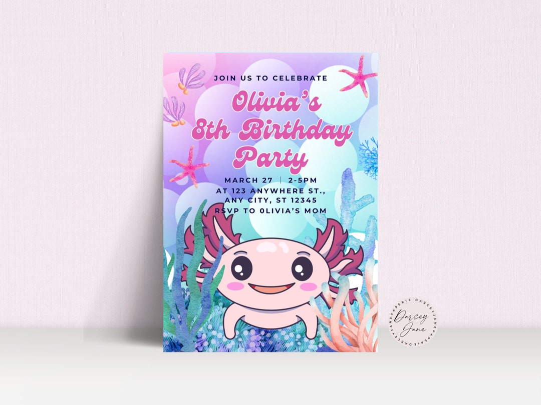 Invitación Axolotl cumpleaños niñas, fiesta bajo el mar, diversión ...