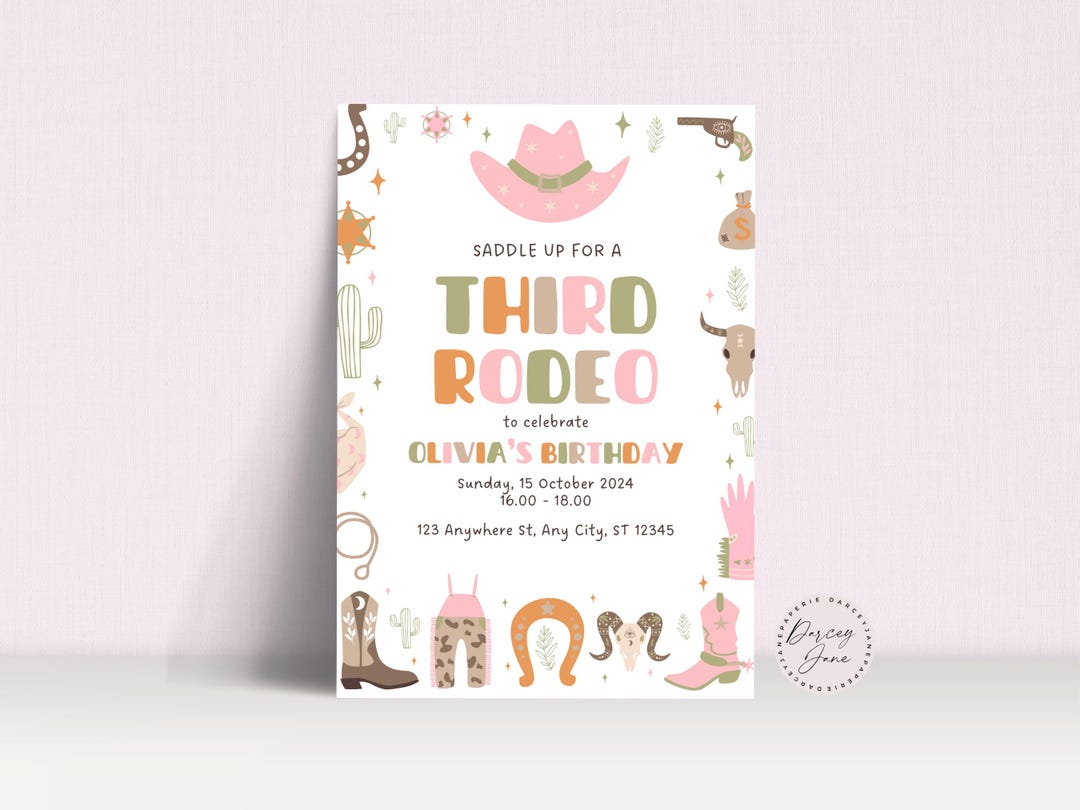 Third Rodeo Girls Birthday Invitation, Girl 3rd Rodeo Birthday ...