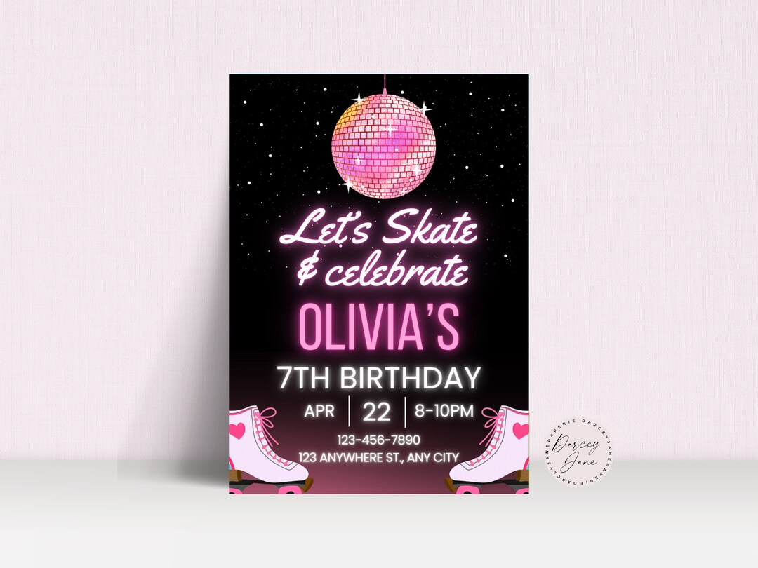 Roller Disco Party Birthday Invitation Editable Template , Rainbow Glow ...