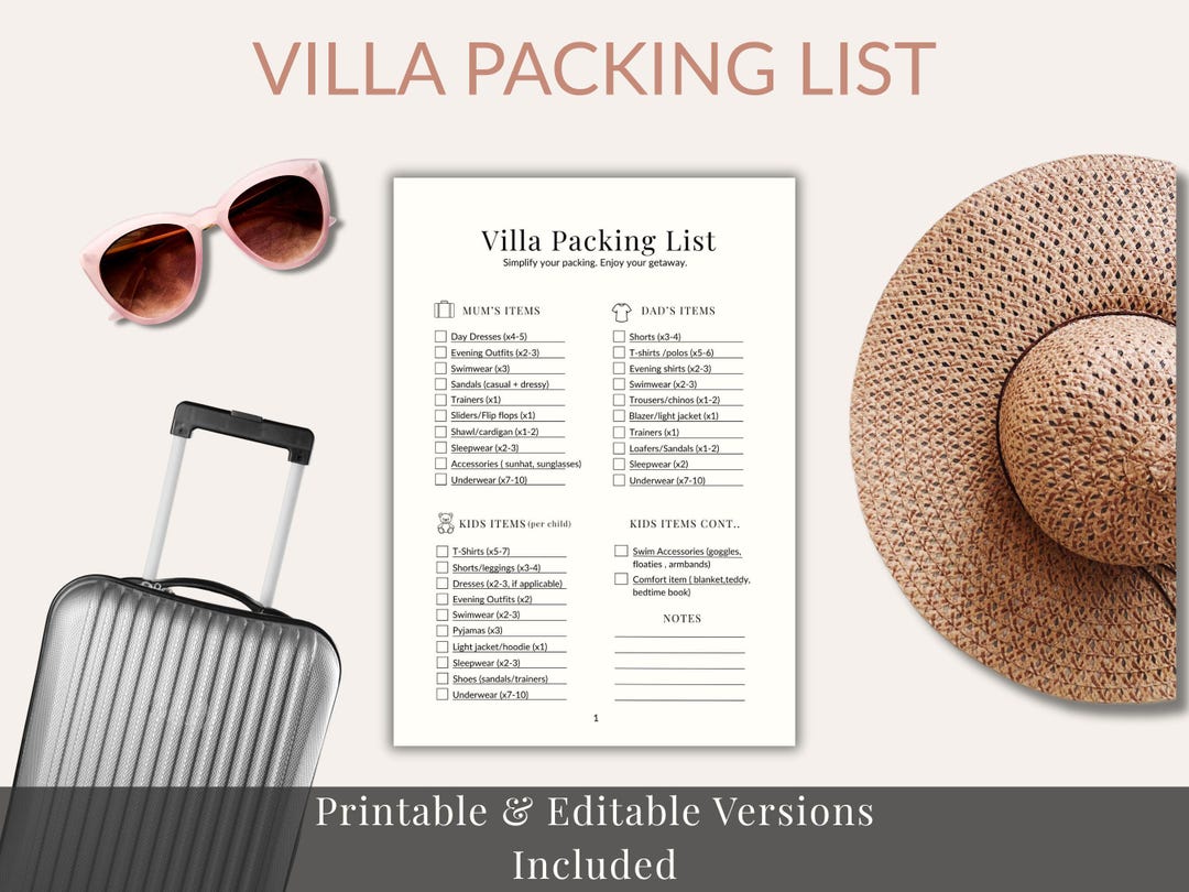 Luxe Family Villa Packing List, Printable Travel Checklist, Editable ...