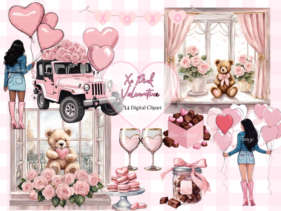 XO Pink Valentines|digital Clipart Bundle|6 Girls Hearts,teddy Bear,pink Jeep, Roses,chocolate ...