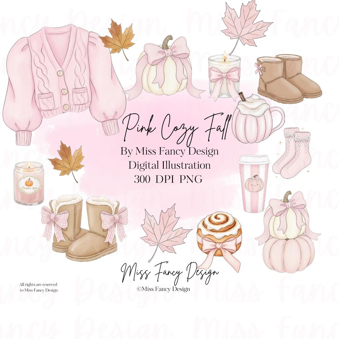 Pink Cozy Fall Clipart Bundle |soft Autumn Aesthetic PNG Graphics ...