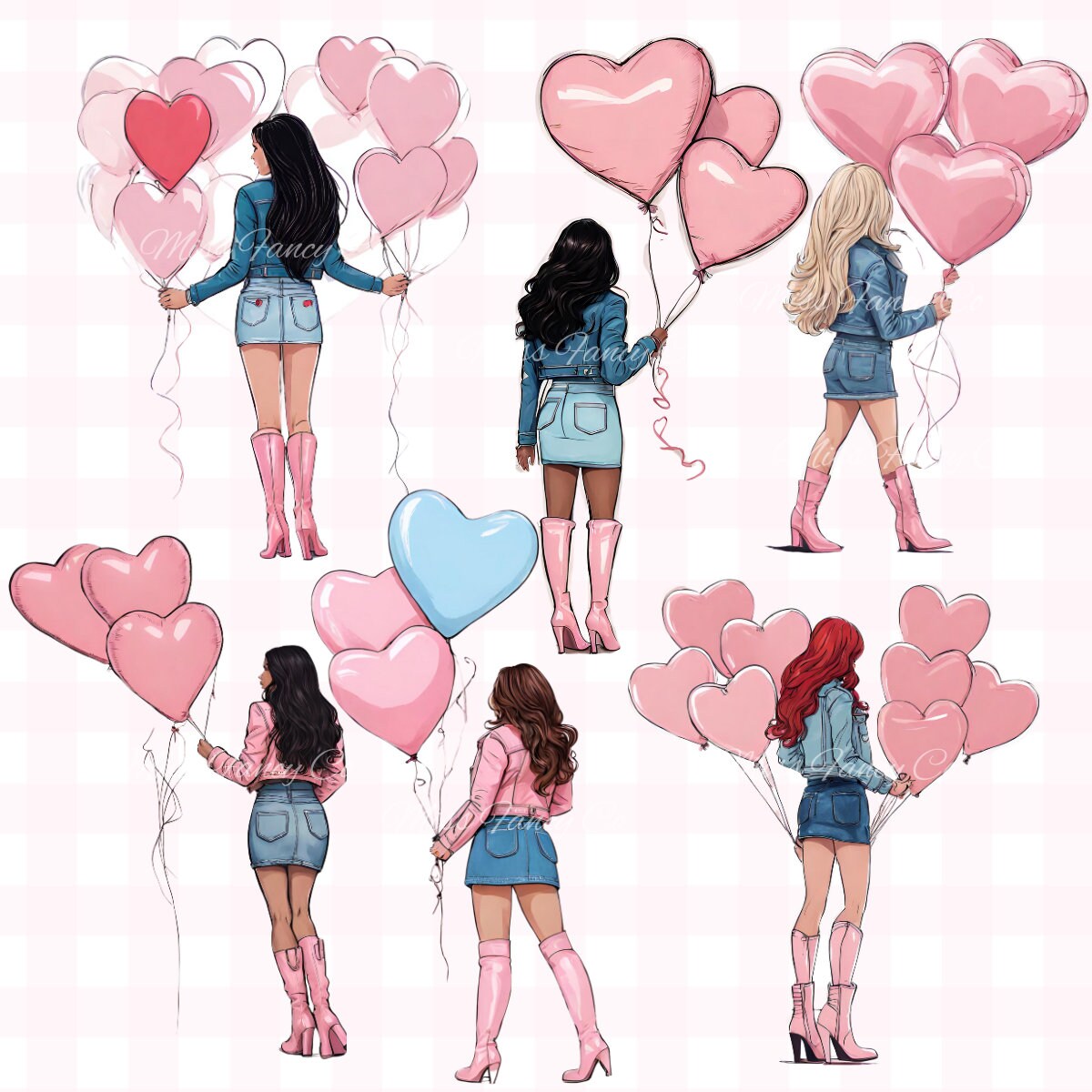 XO Pink Valentines|digital Clipart Bundle|6 Girls Hearts,teddy Bear,pink Jeep, Roses,chocolate ...