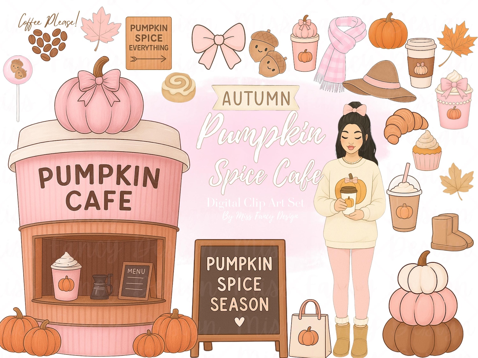 Pumpkin Spice Cafe Clipart: Pink Pumpkins, Lattes, Cozy Fall PNG ...