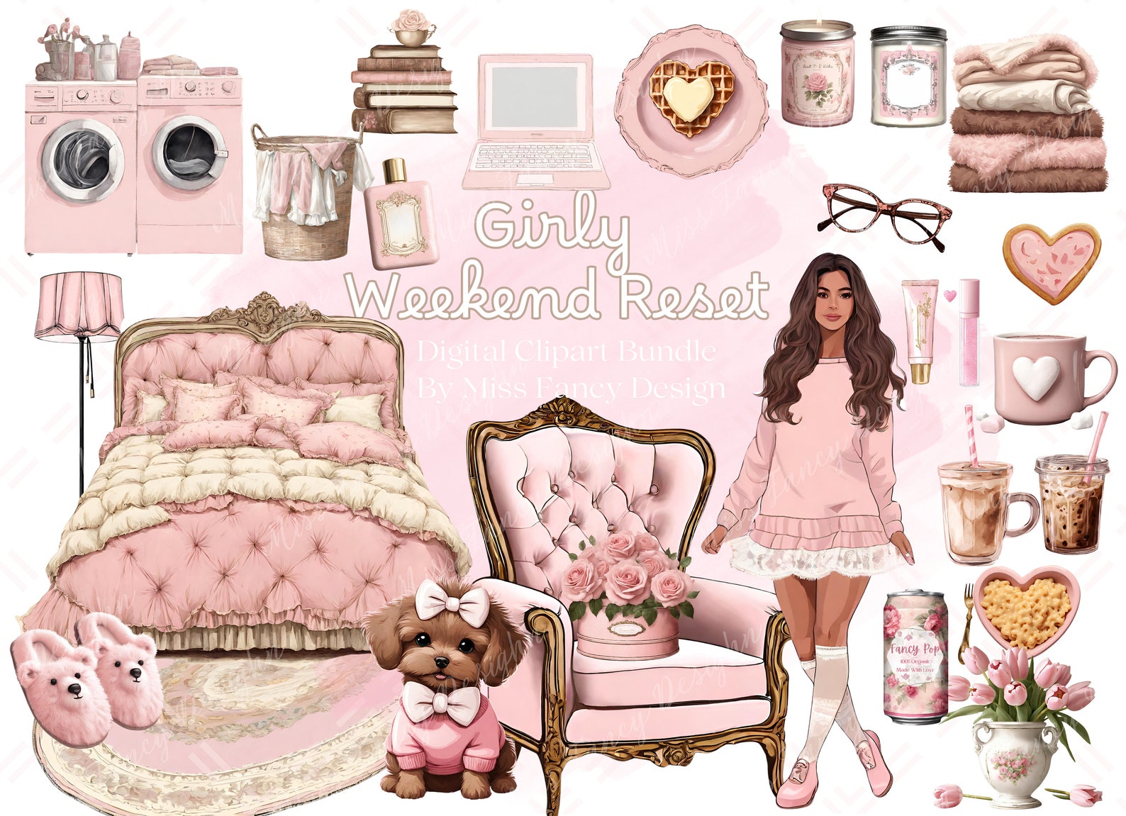 Pink Girly Weekend Reset Clipart Bundle|cozy,cute Puppy,candles,coffee ...