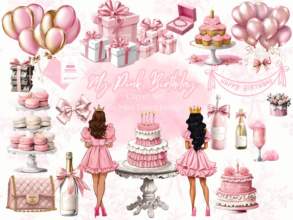 Birthday Clipart Set|pink Girly Birthday Celebration|birthday Cake ...