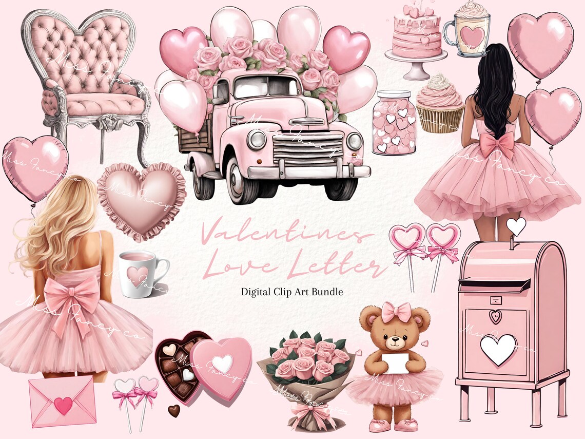 20 Pink Valentines Love Letter Digital Clipart Bundle 4 Girls,bear ...