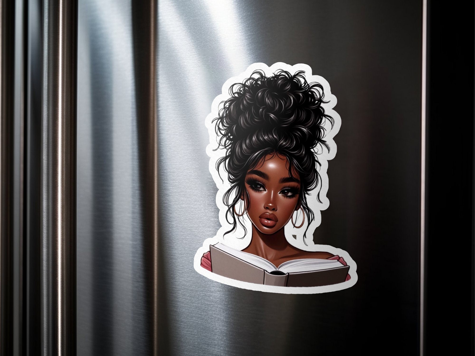 Black Girl Messy Bun Reading a Book Sticker - Etsy