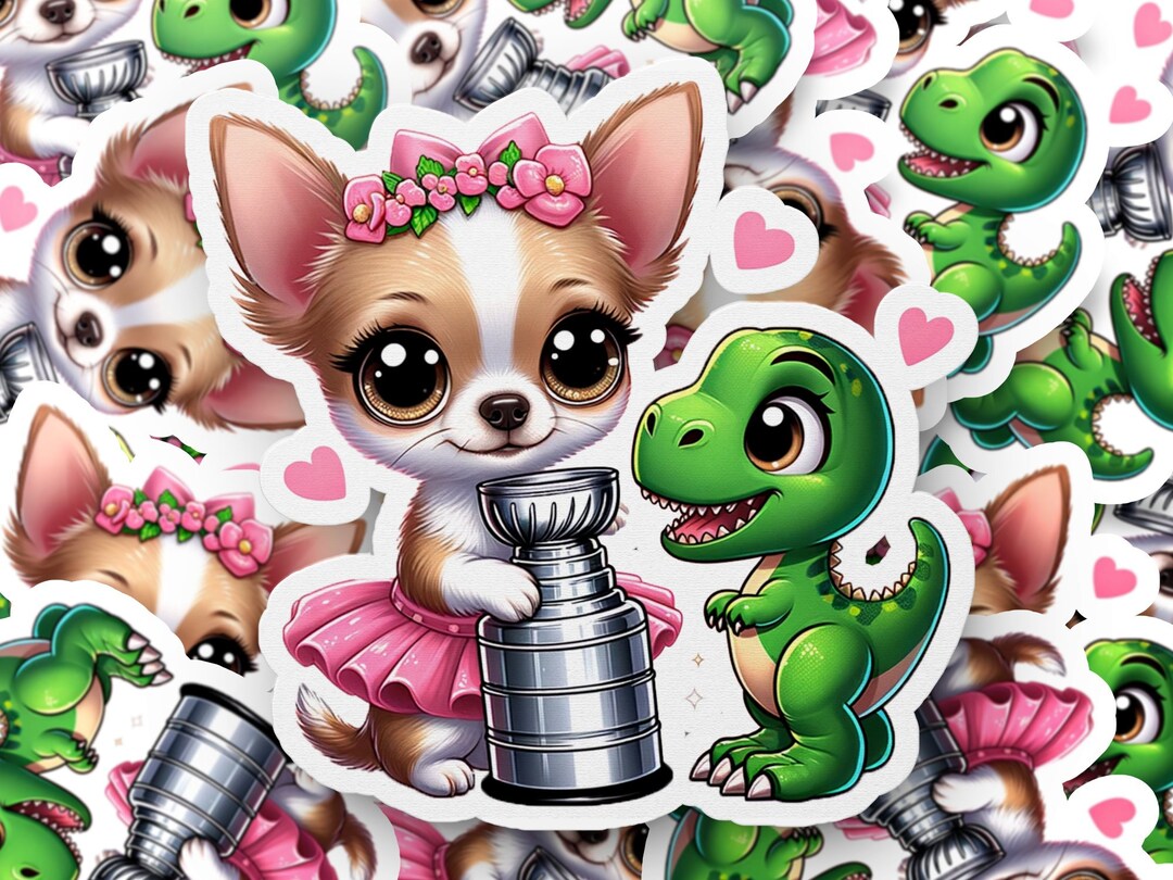 Girly Chihuahua and Green T-rex Dinosaur Holding the Stanley Cup ...