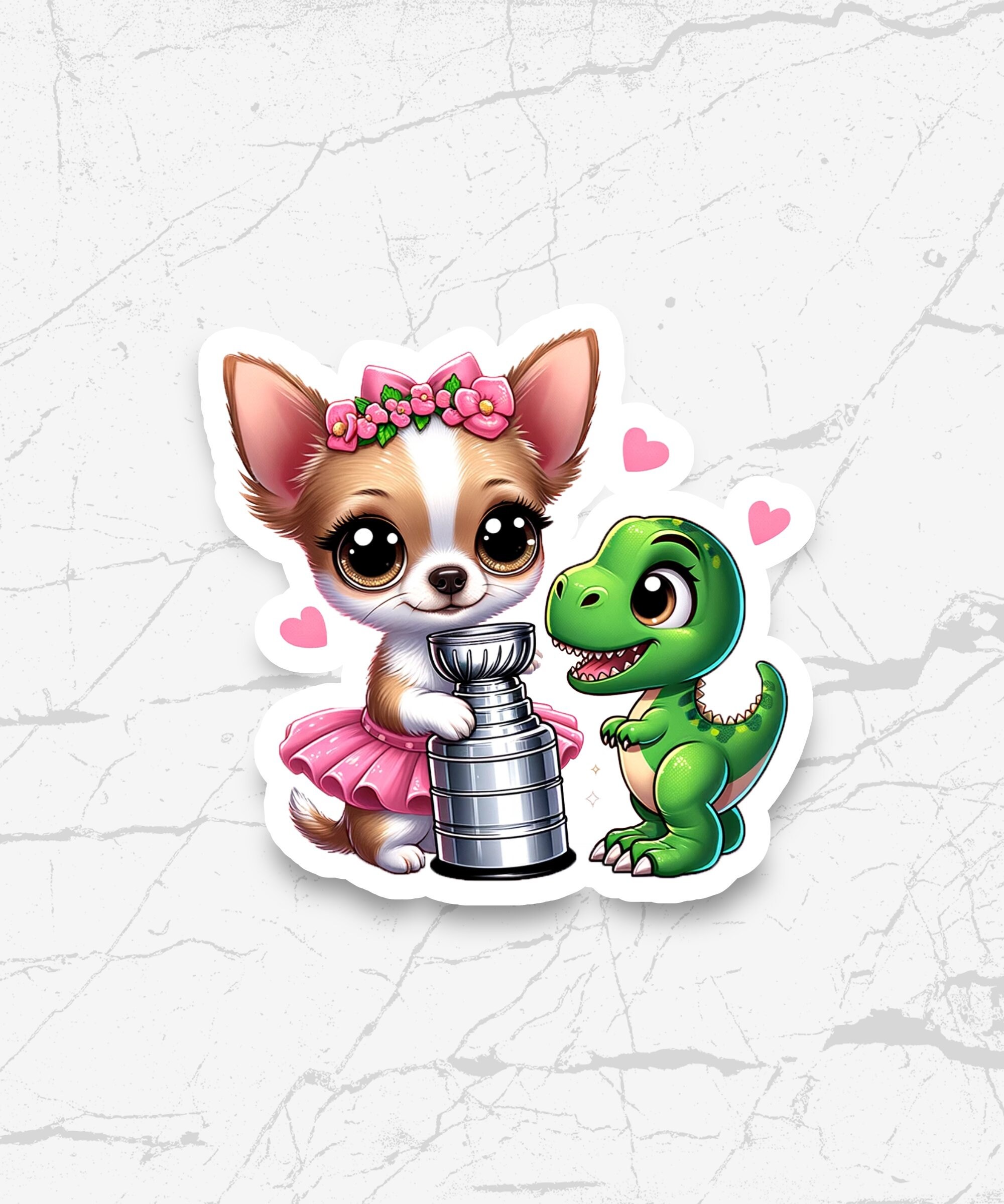 Girly Chihuahua and Green T-rex Dinosaur Holding the Stanley Cup ...