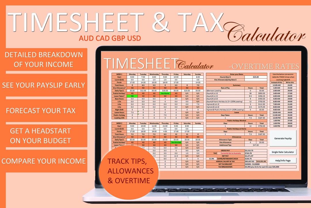 Timesheet Calculator-income & Tax Calculator Tool - Etsy
