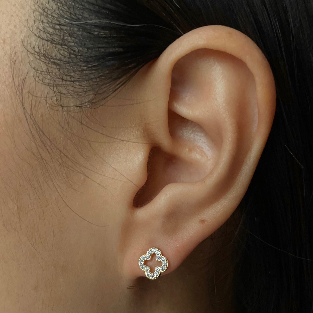 Sparkling Four Leaf Clover Stud Earrings, Flower Earrings, Sterling ...