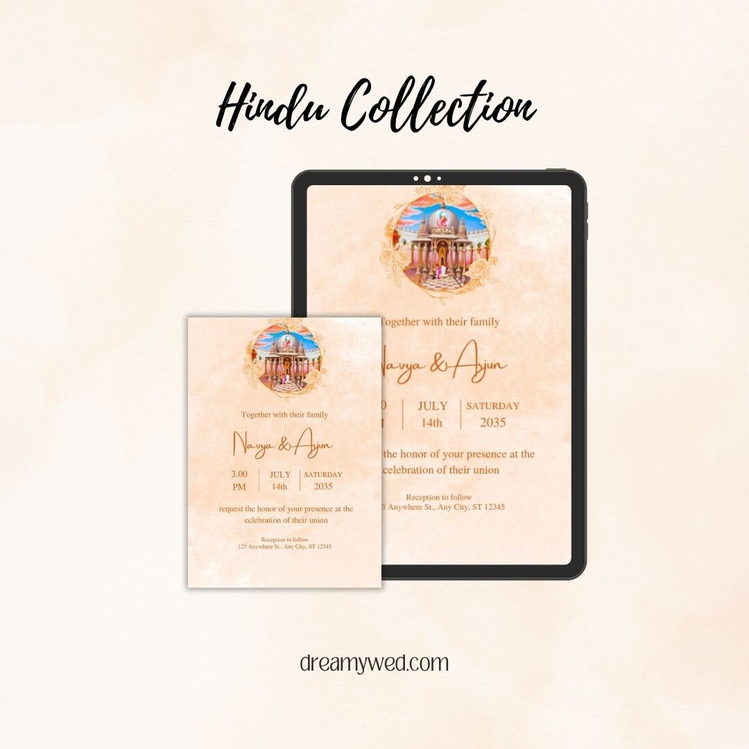 Hindu Digital Wedding Invite, Temple, Orange Evite, Printable, Editable ...