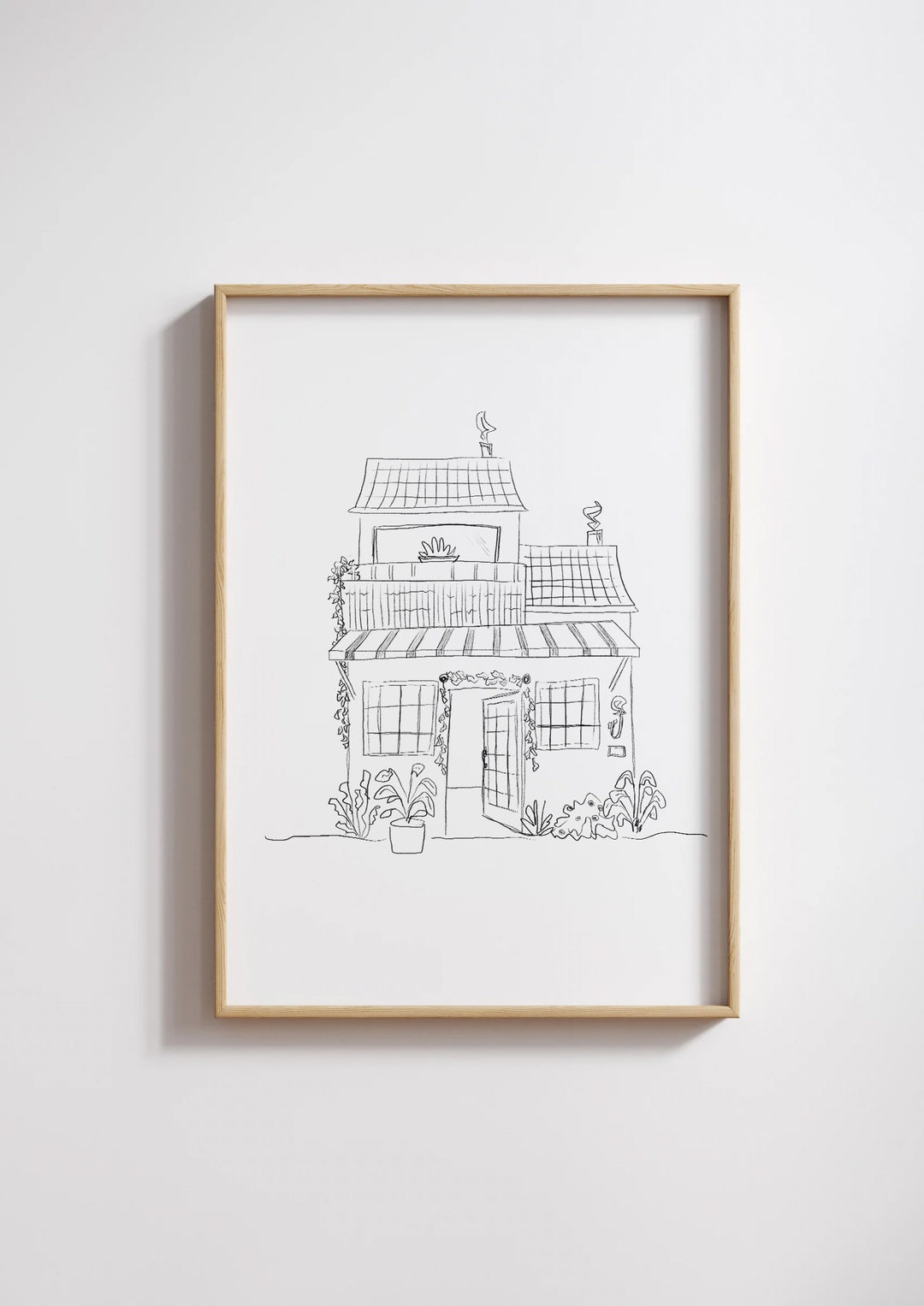 Cottagecore House Line Art Print, Black and White Drawing (digital ...