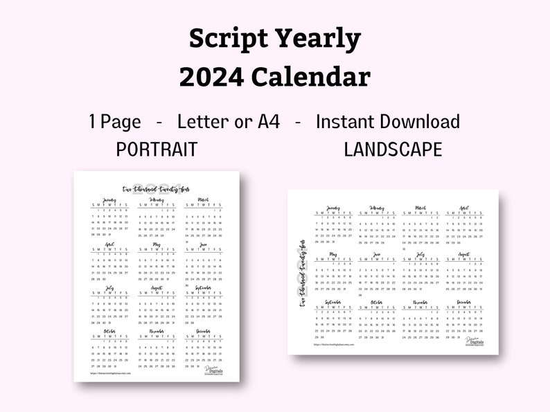 2024 Year at a Glance Printable Calendar. Easy to Read 1-page Script ...