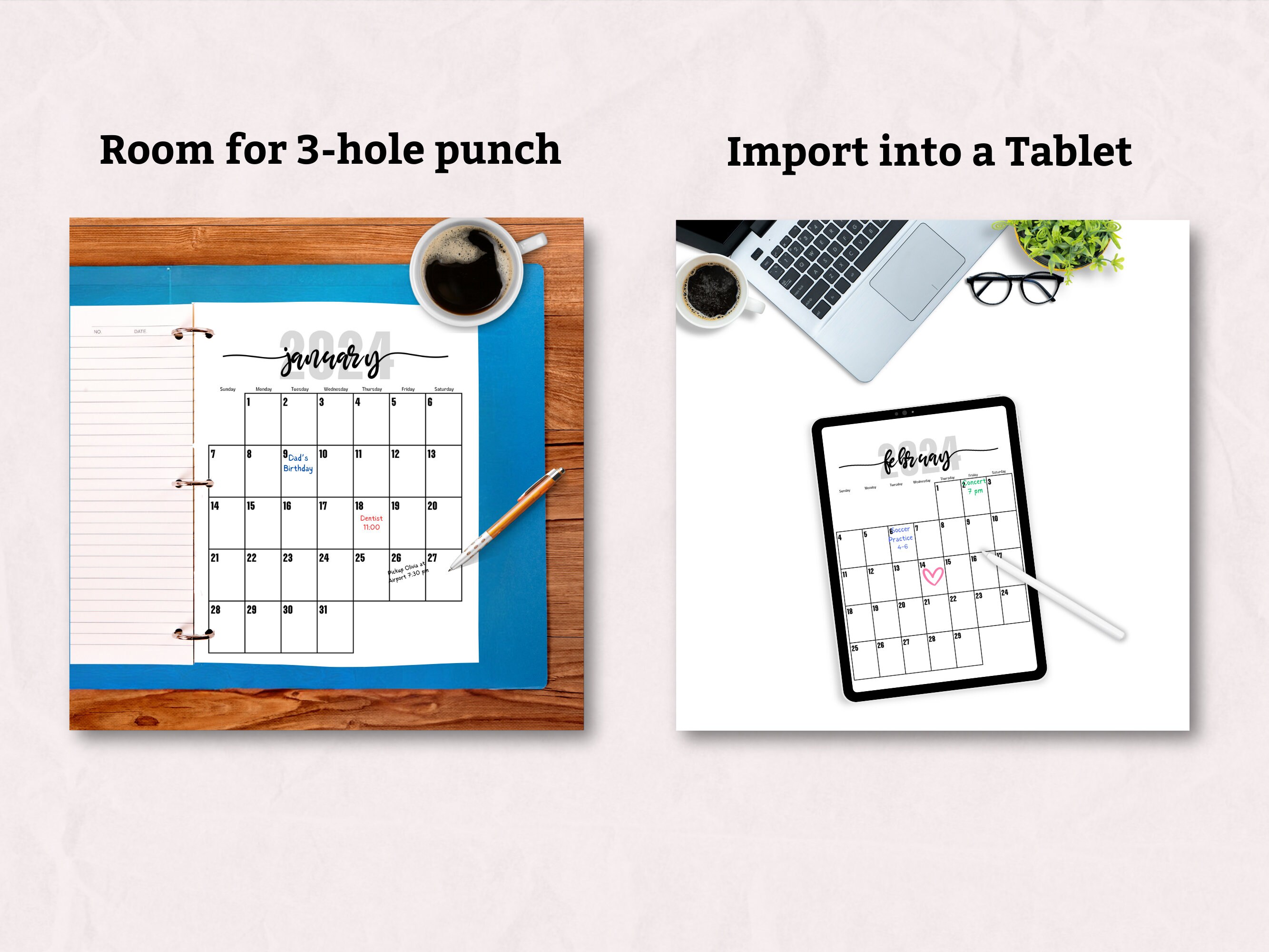 Portrait Script 2024 Monthly Calendar. Perfect for Work, School or Home ...