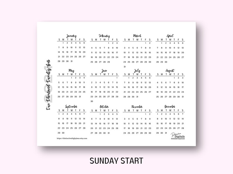 2024 Year at a Glance Printable Calendar. Easy to Read 1-page Script ...