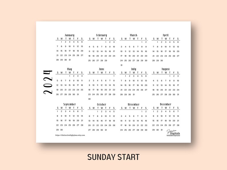 2024 Year at a Glance Printable Calendar. Easy to Read 1-page Whimsical ...