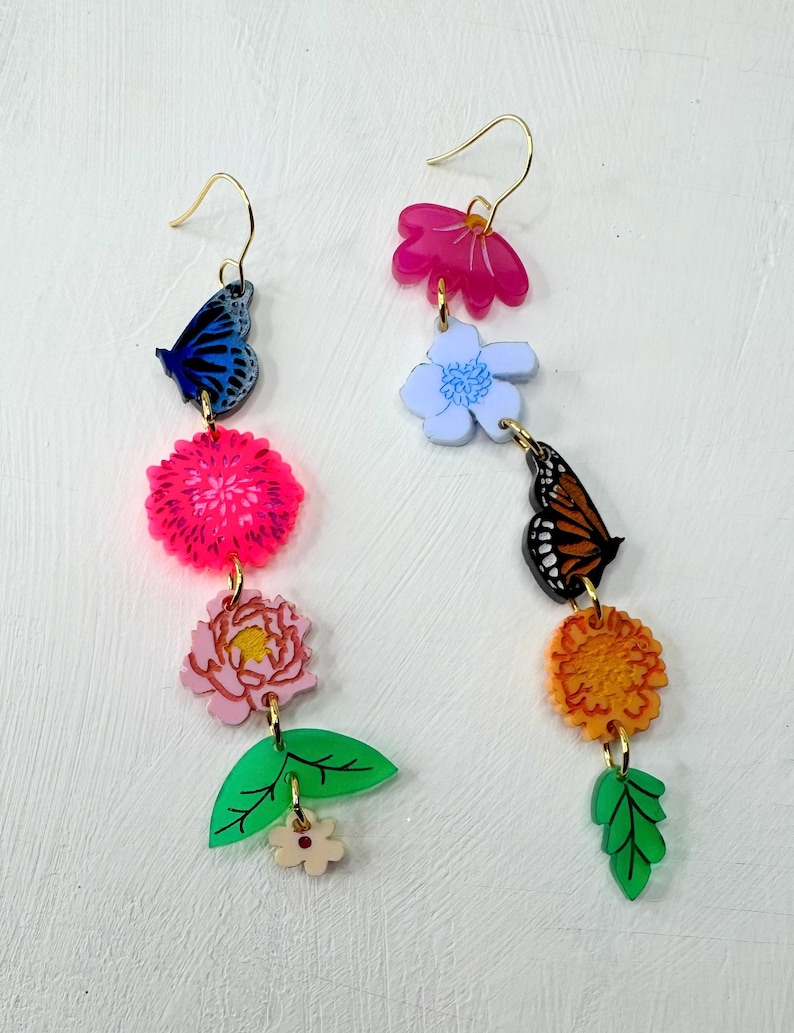 Mismatched Butterfly Flower Dangle Earrings: Hand-painted Acrylic - Etsy