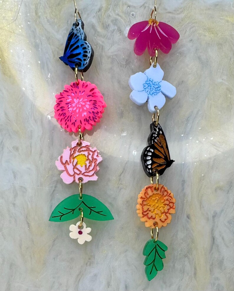 Mismatched Butterfly Flower Dangle Earrings: Hand-painted Acrylic - Etsy