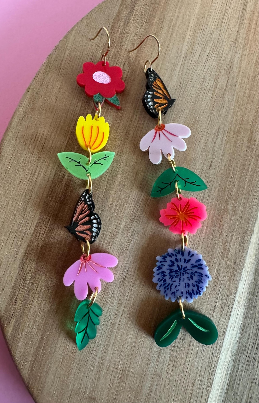 Asymmetrical Butterfly Flower Earrings: Hand-painted Acrylic Statement ...