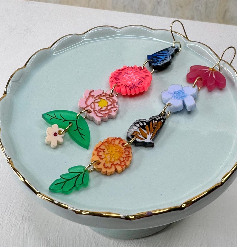 Mismatched Butterfly Flower Dangle Earrings: Hand-painted Acrylic - Etsy