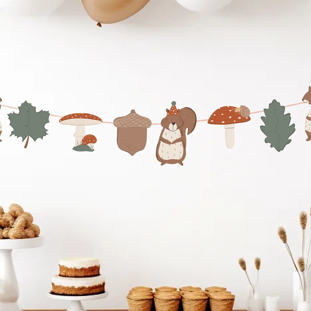 Printable Party Garland, Woodland Theme, Cute Squirrels and Mushrooms ...