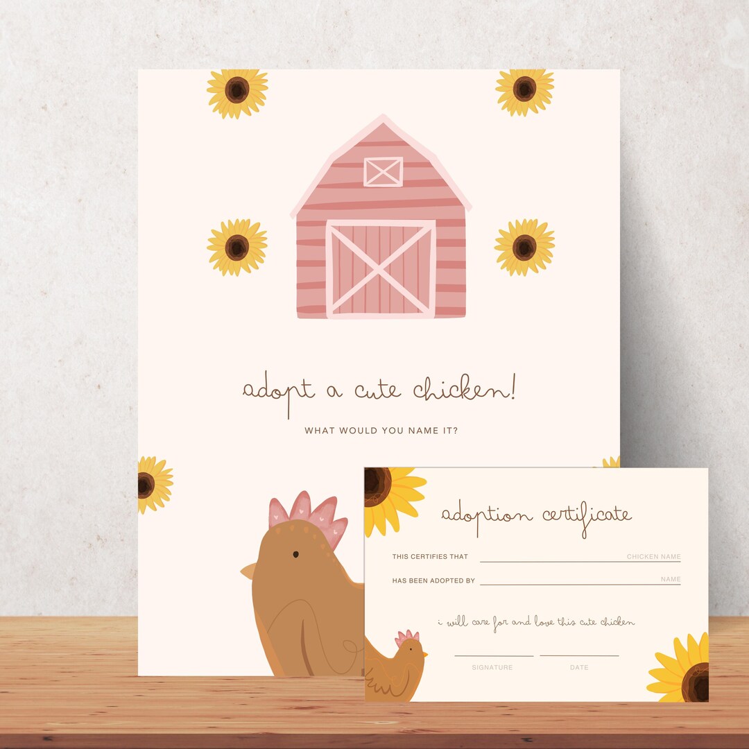 Adopt an Animal Sign and Certificate, Chicken Farm and Sunflowers ...