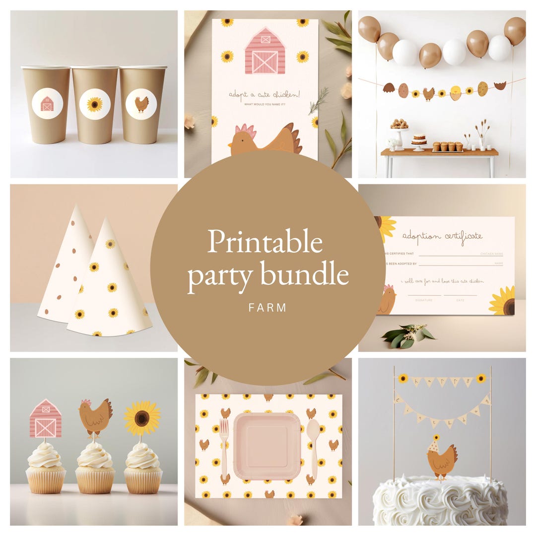 Farm Printable Birthday Bundle - Chicken Farm Birthday - Cute Farm ...