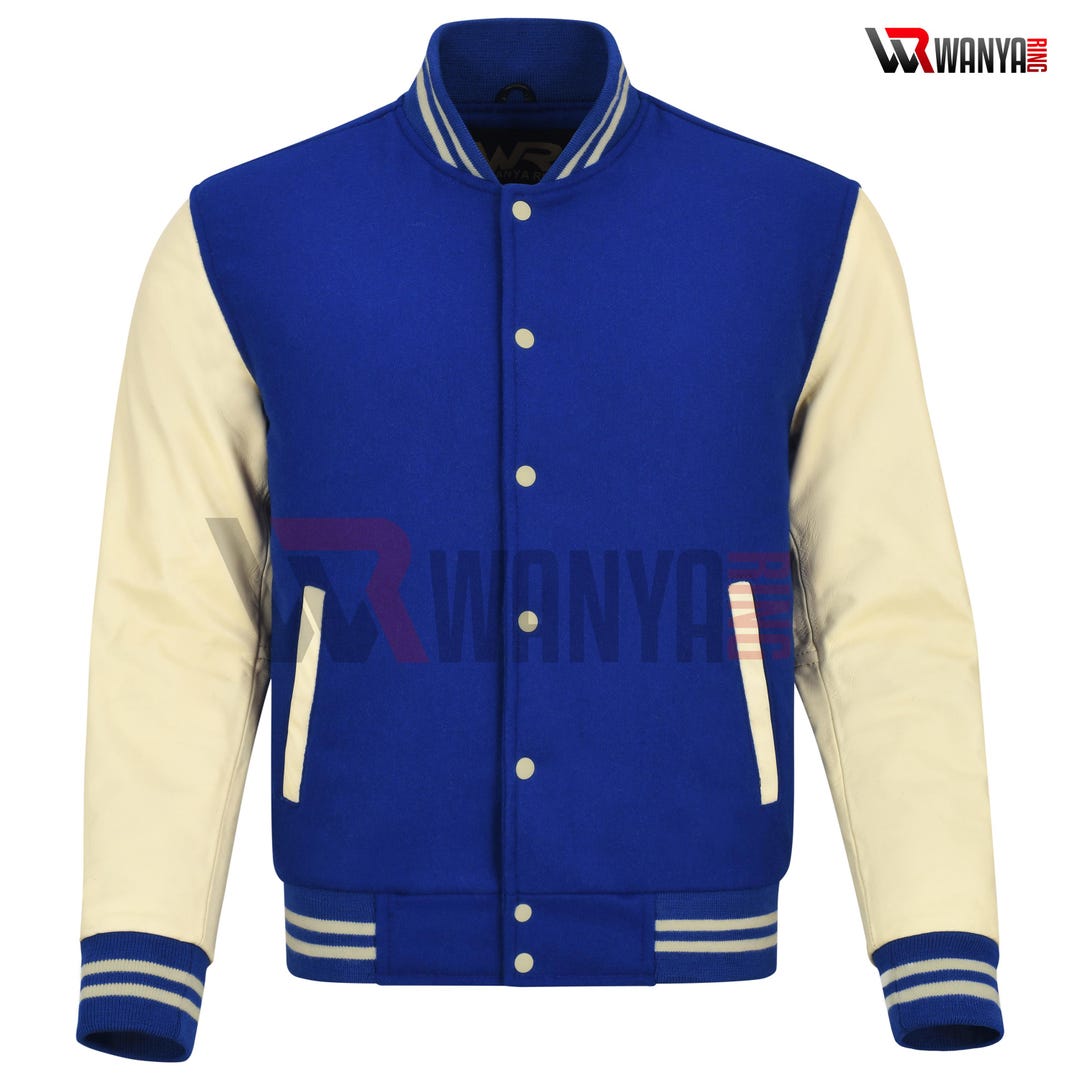 Varsity Jacket Letterman Blue Wool Genuine Cream Leather Sleeves XS ...